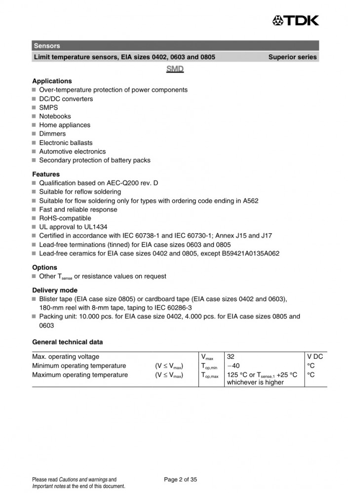 PTC limit temperature sensors datasheet page 2
