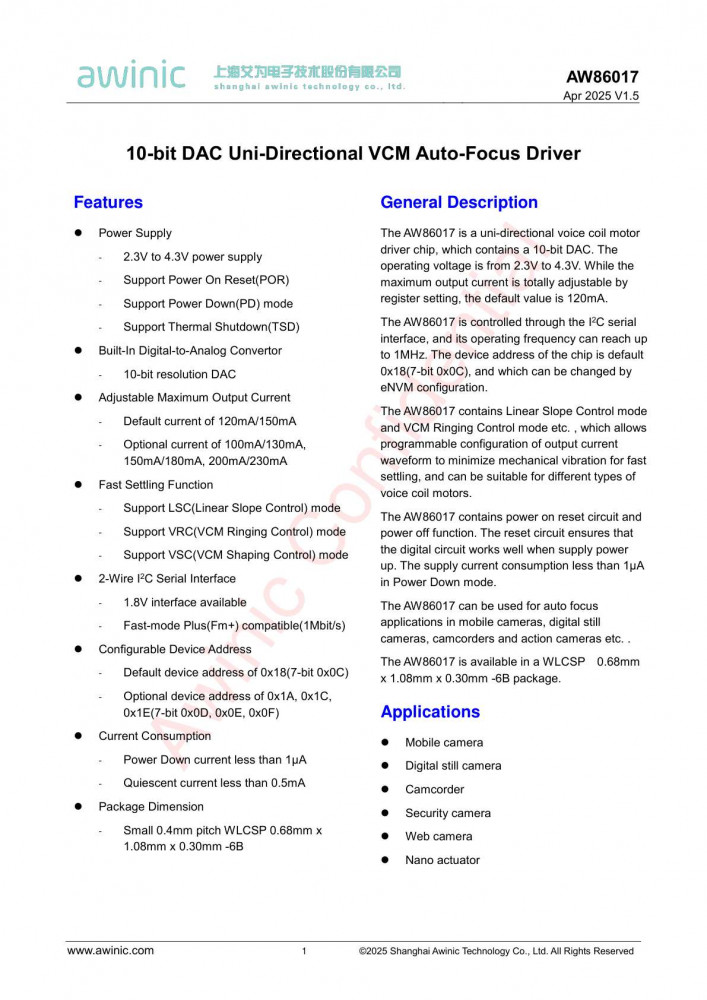 AW86017CSR datasheet page 1