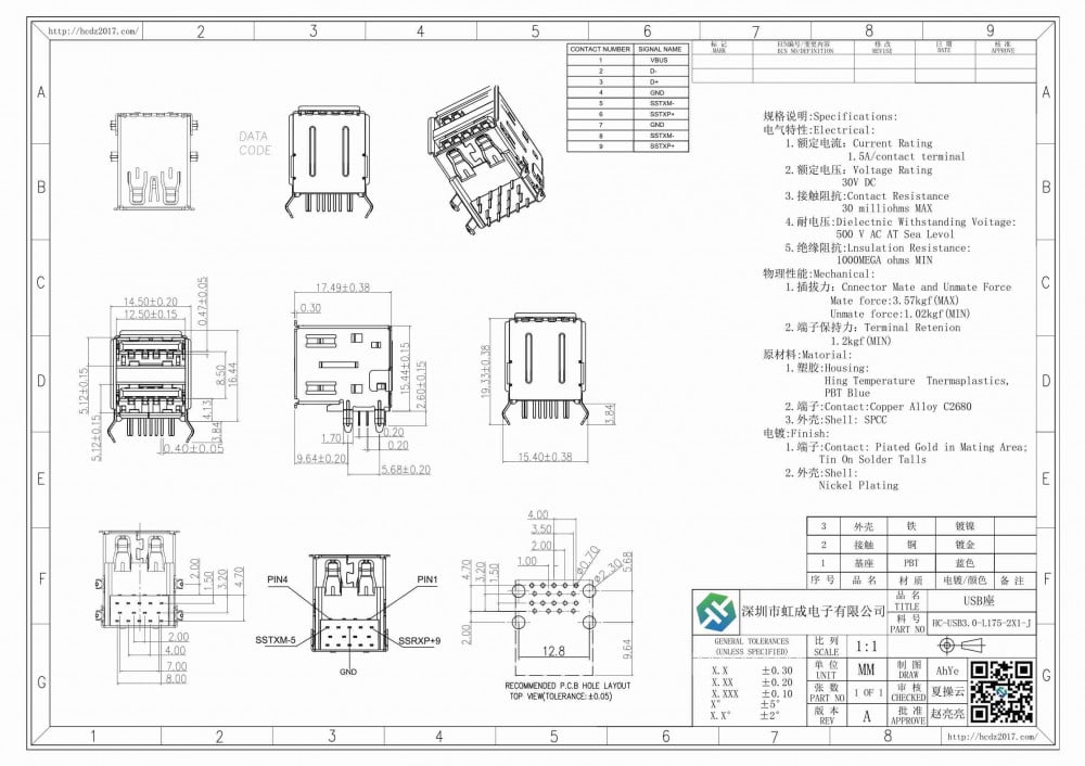 HC-USB3.0-L175-2X1-J technical document page