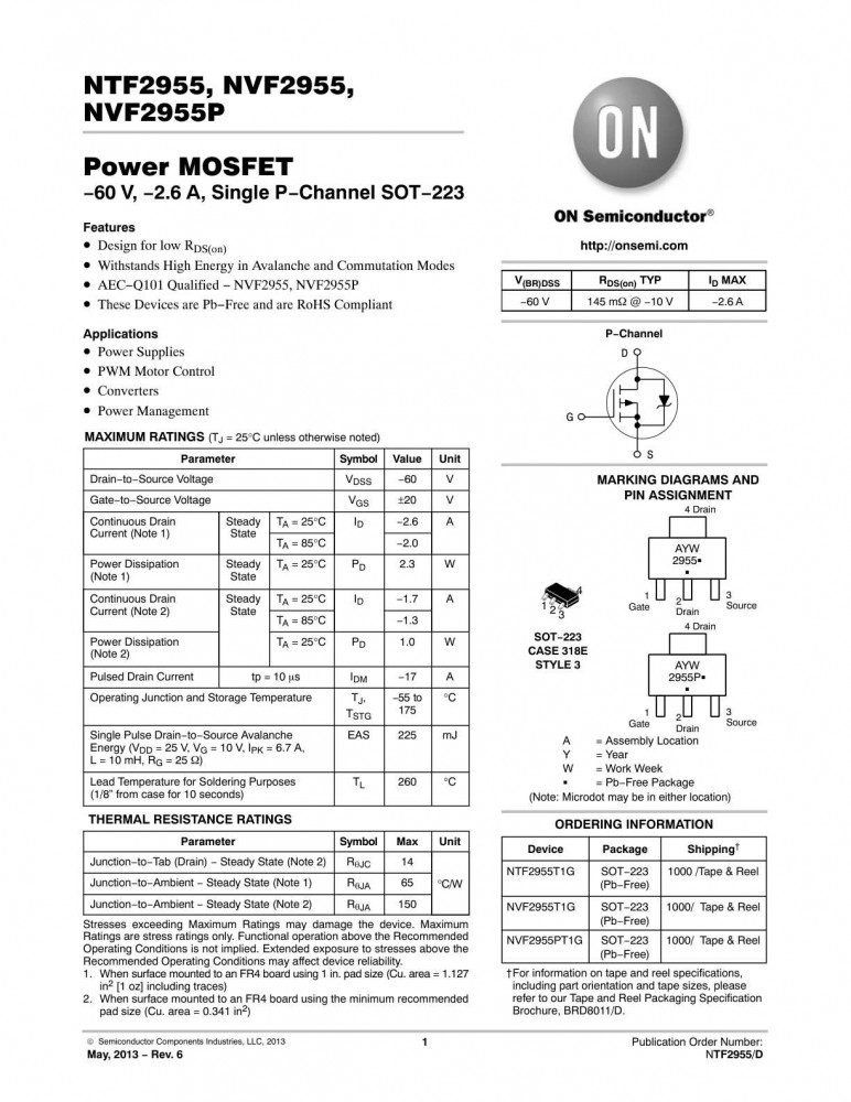 NTF2955T1G datasheet page 1