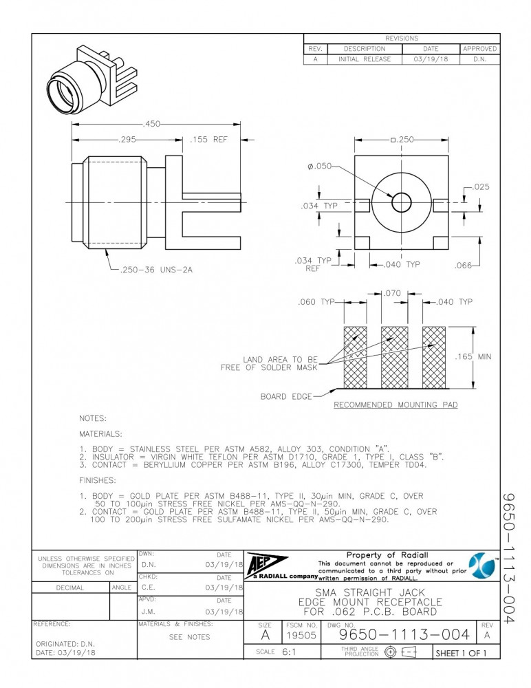 Radiall 9650-1113-004 product drawing preview