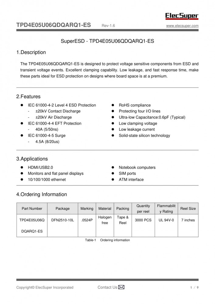 TPD4E05U06QDQARQ1-ES datasheet page 1