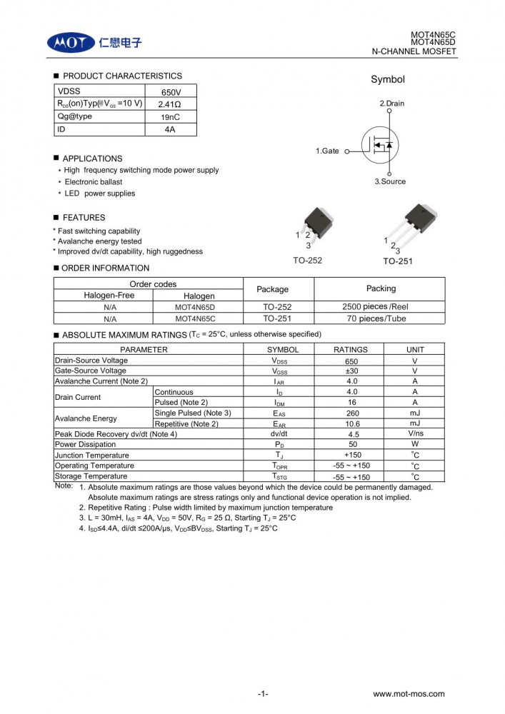 MOT4N65D datasheet page 1