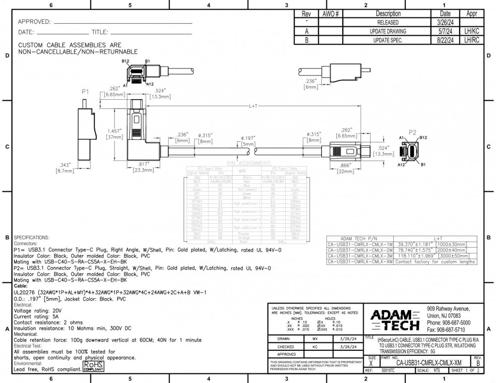ADAM TECH cable assembly drawing, page 1
