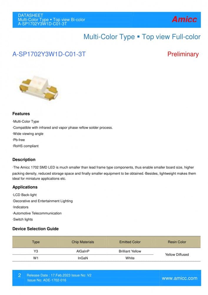 A-SP1702Y3W1D-C01-3T datasheet page 2