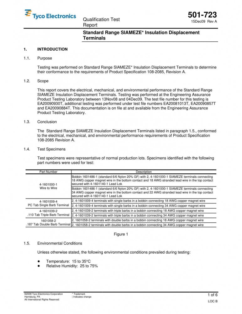 TE Connectivity SIAMEZE test report page 1