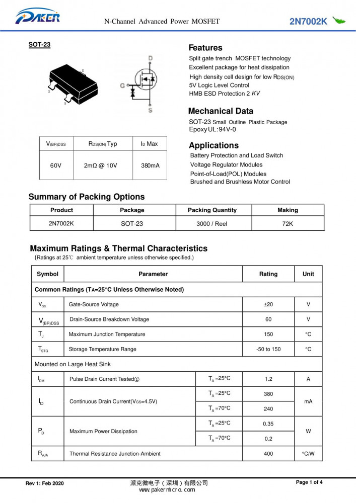 2N7002K datasheet page 1