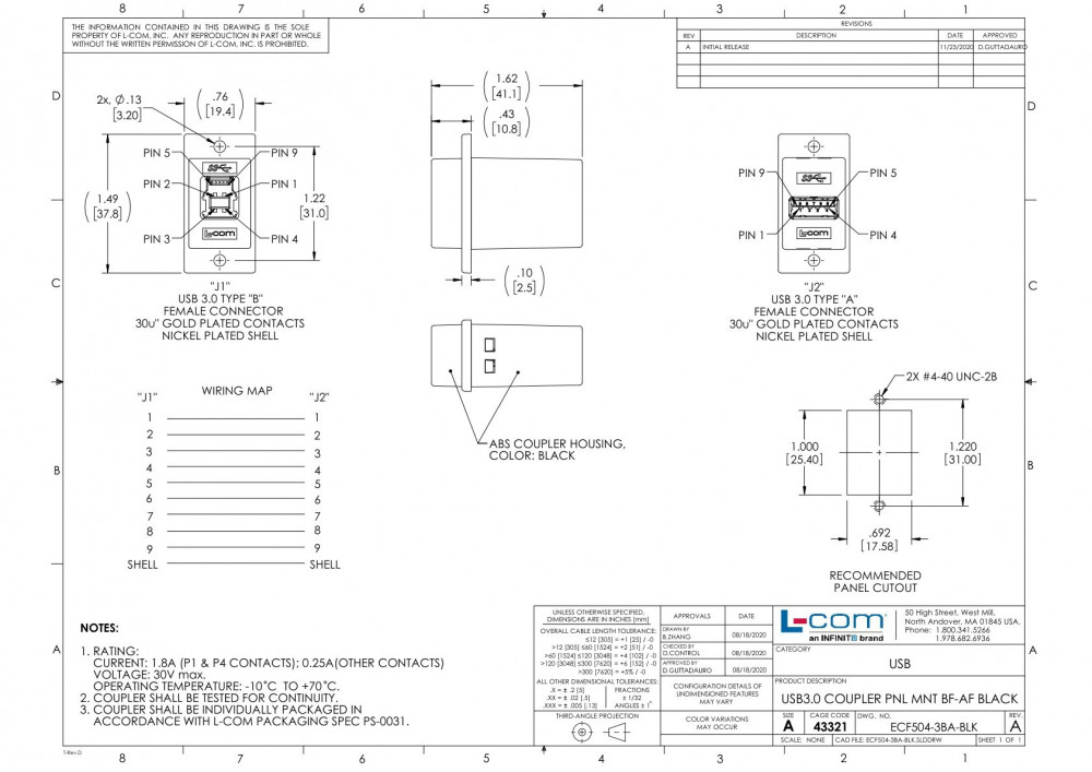 L-com ECF504-3BA-BLK technical drawing and notes