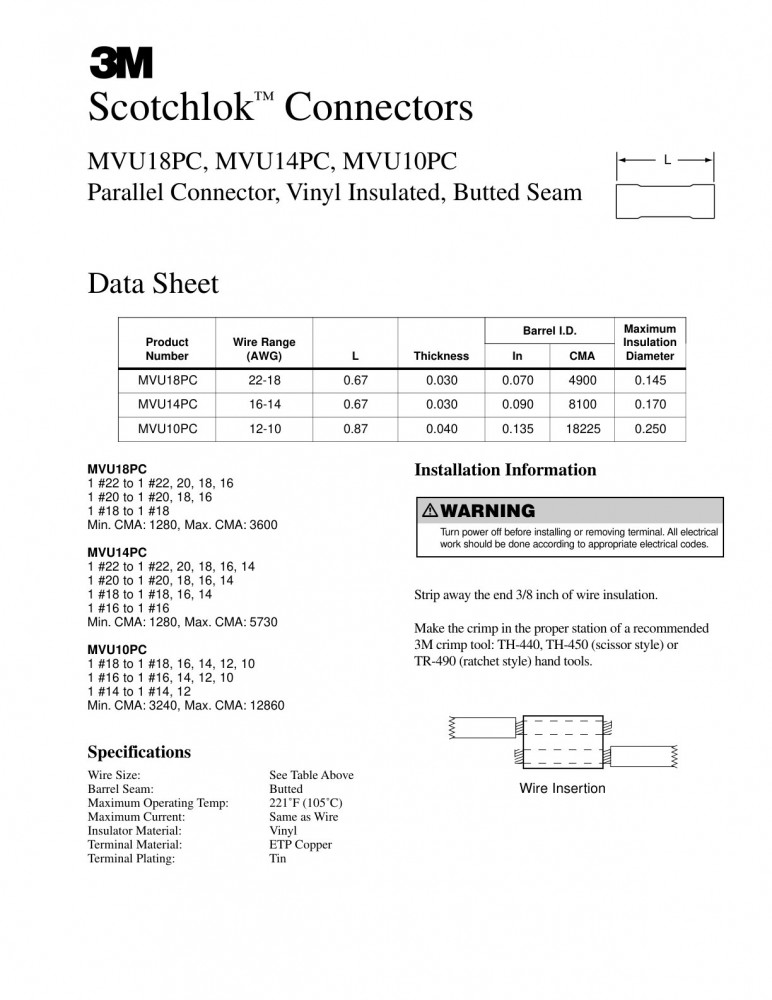 3M Scotchlok MVU18PC technical document page 1