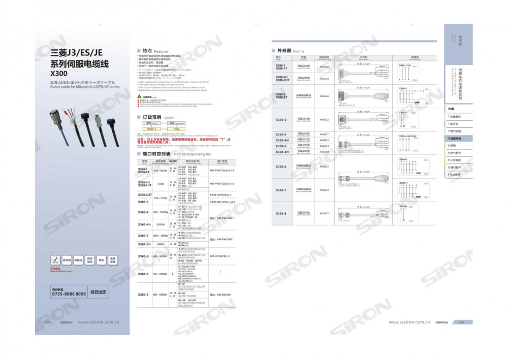 Siron X300 Mitsubishi servo cable documentation