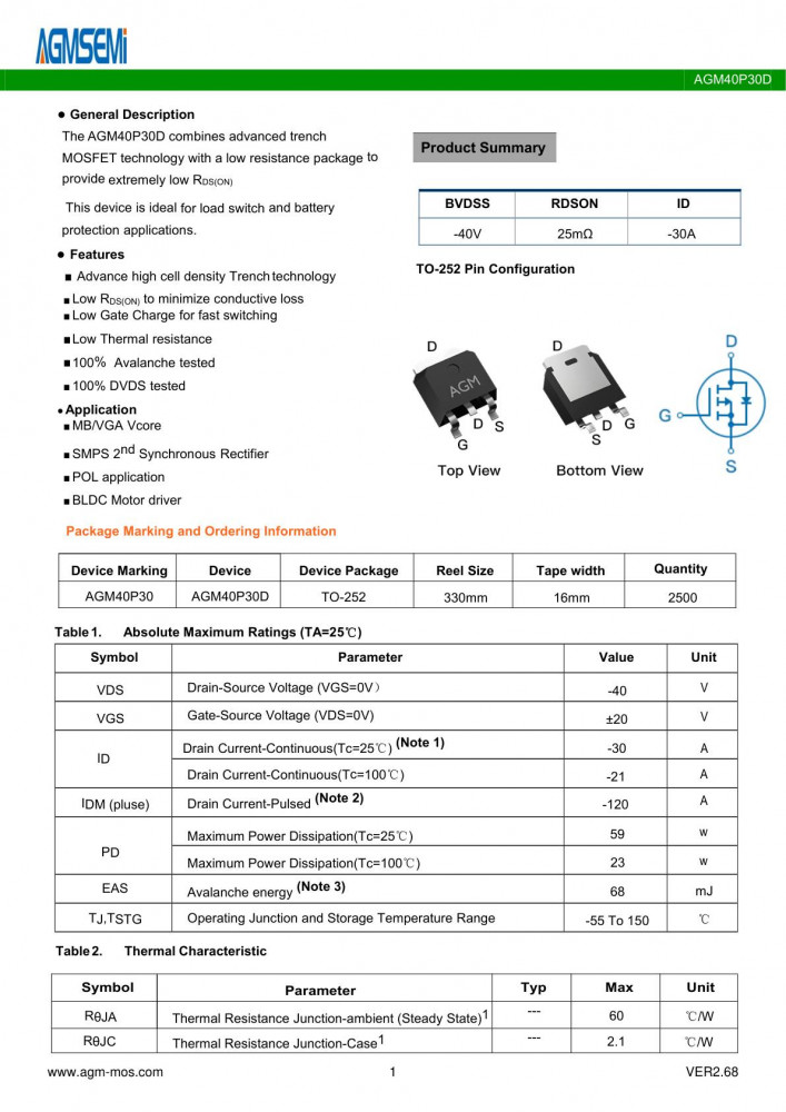 AGM40P30D datasheet page 1