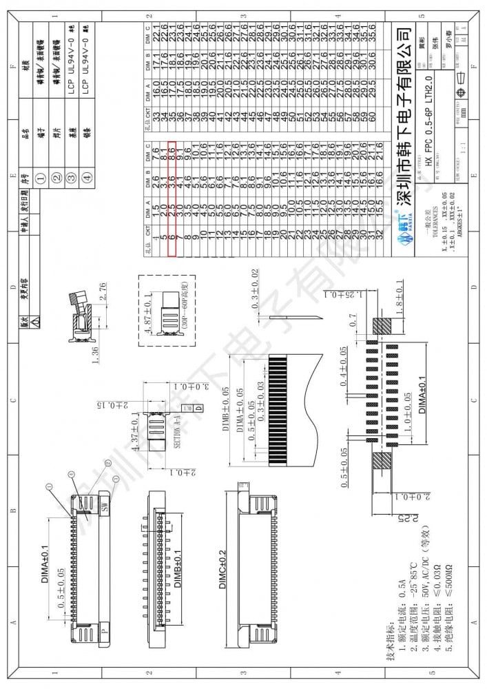 HX FPC 0.5-6P LTH2.0 specification page 1