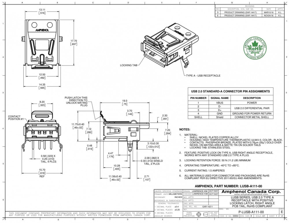 Amphenol LUSBA11100 product drawing page 1