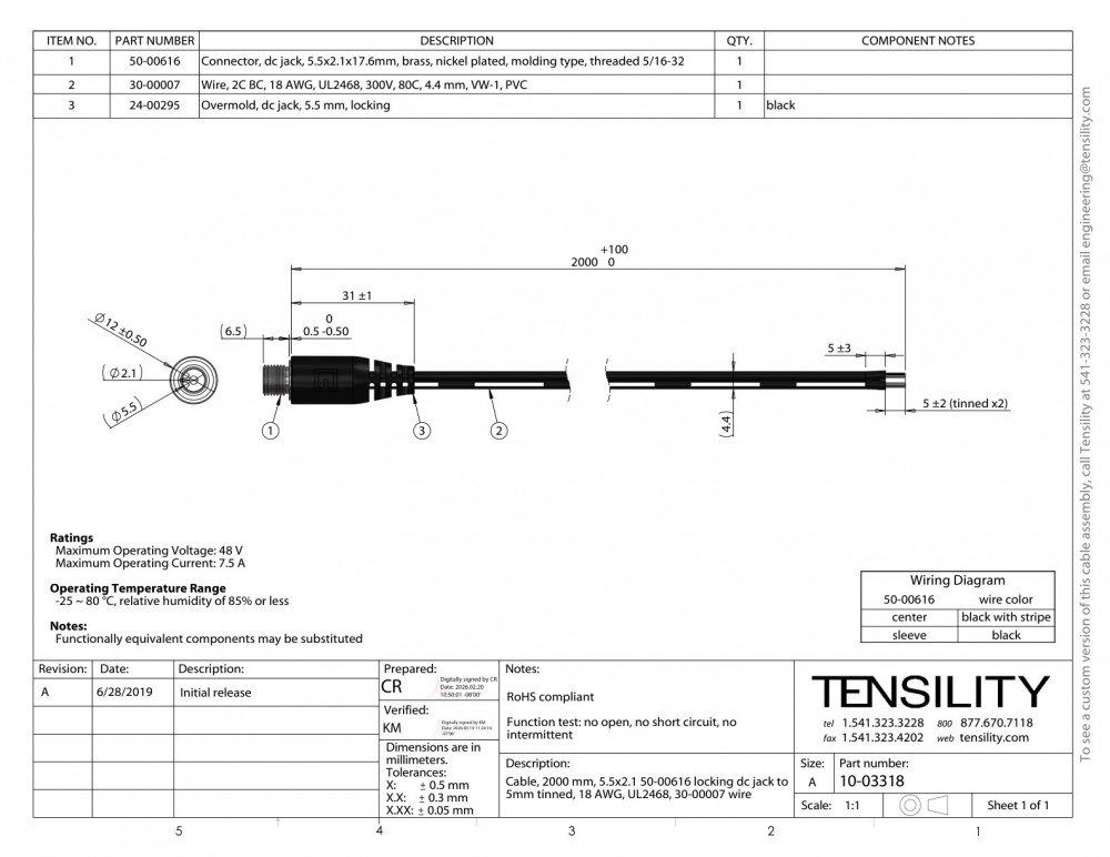 Tensility International 10-03318 cable assembly drawing