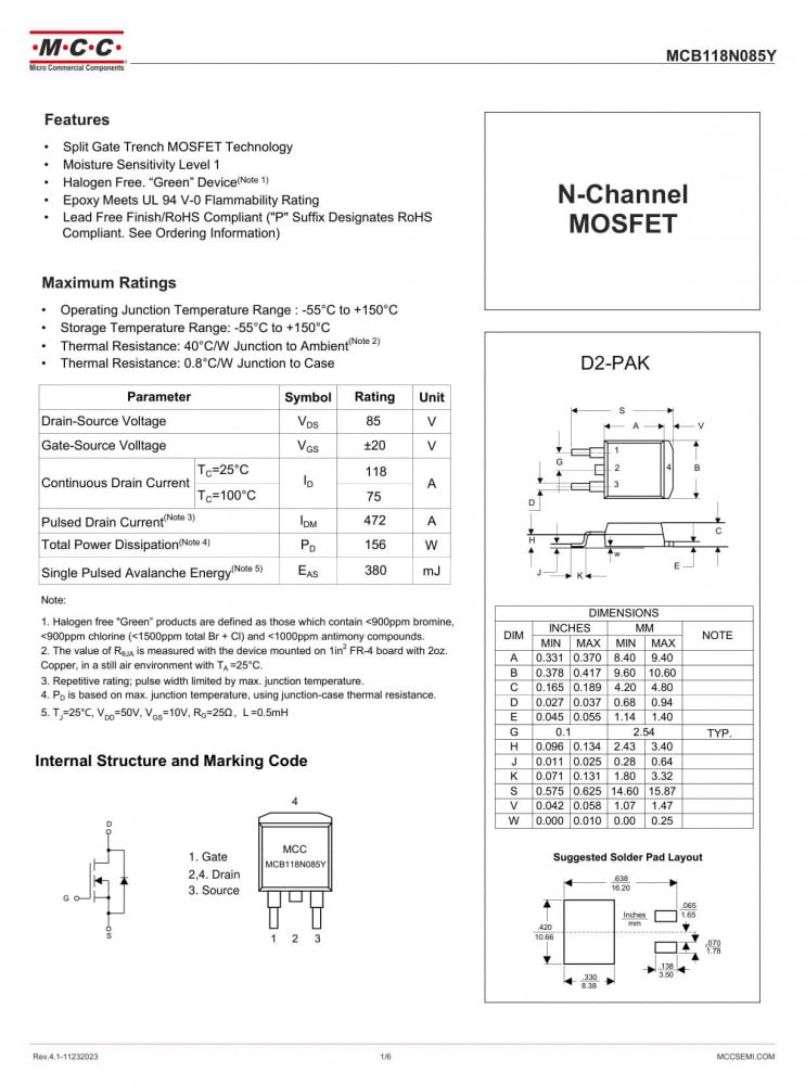 MCB118N085Y-TP datasheet page 1