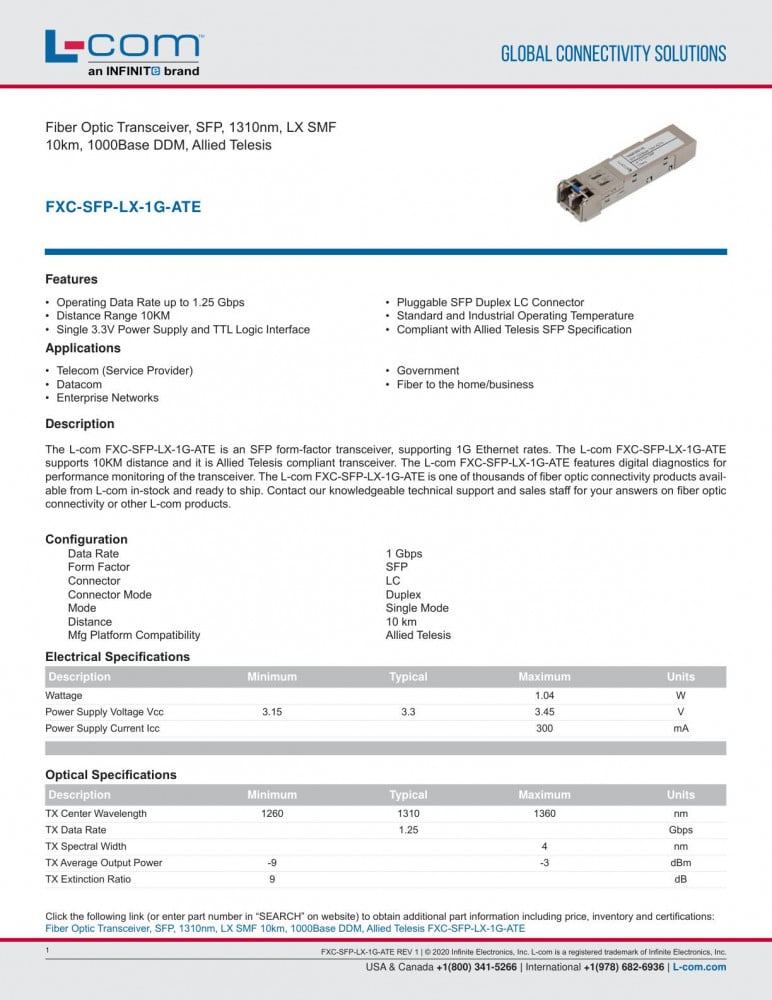 FXC-SFP-LX-1G-ATE datasheet page 1