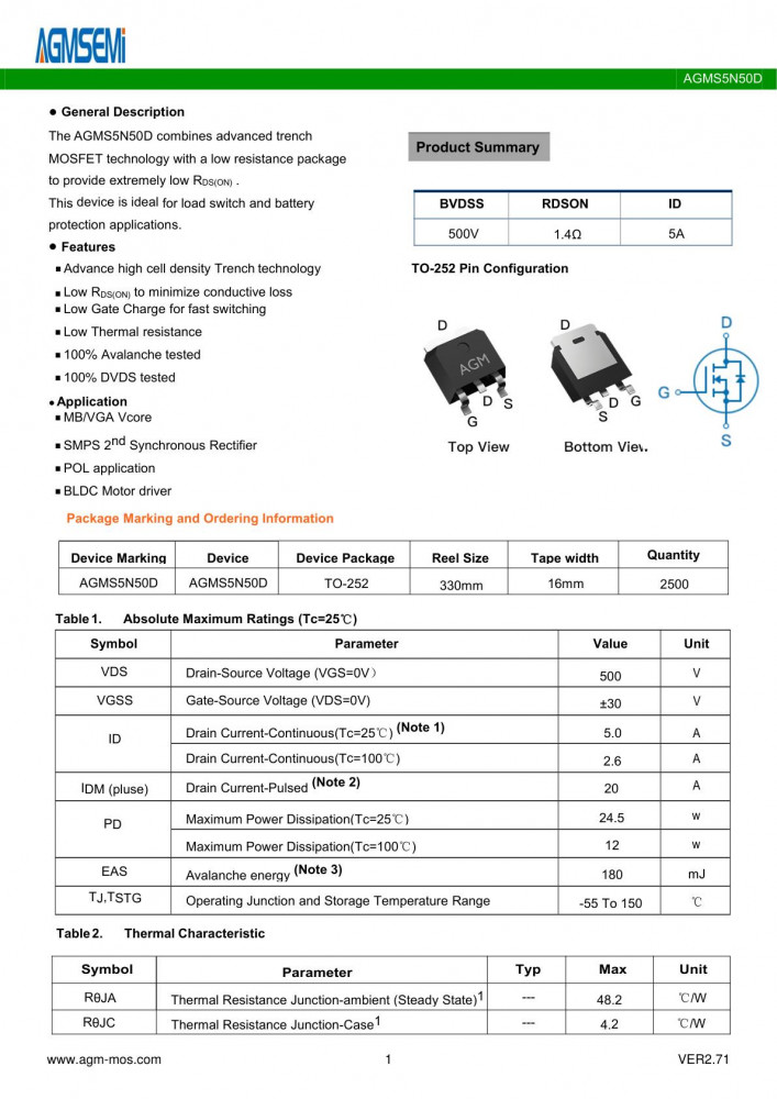AGMS5N50D datasheet page 1