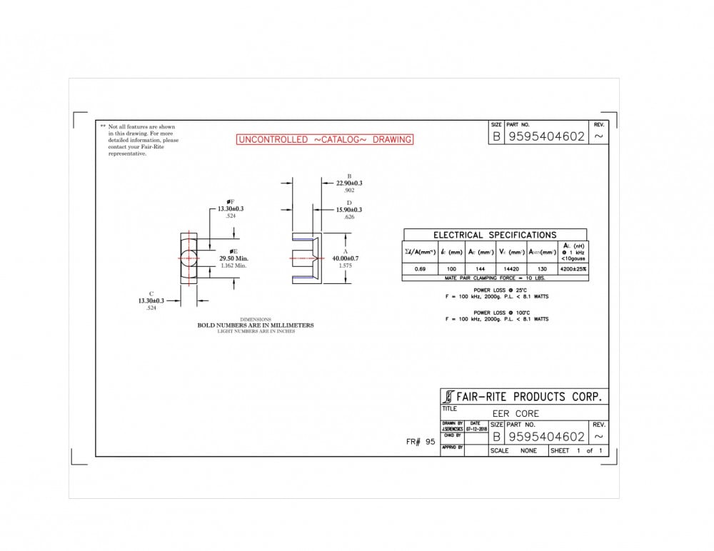 Fair-Rite 9595404602 EER core drawing