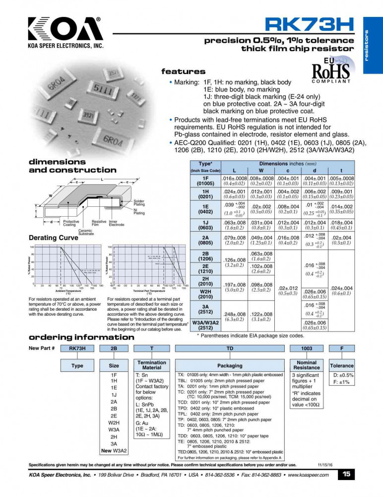 KOA RK73H series datasheet page 1