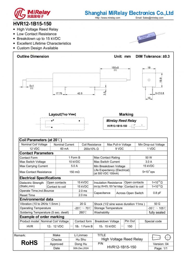 MiRelay HVR12-1B15-150 technical datasheet page