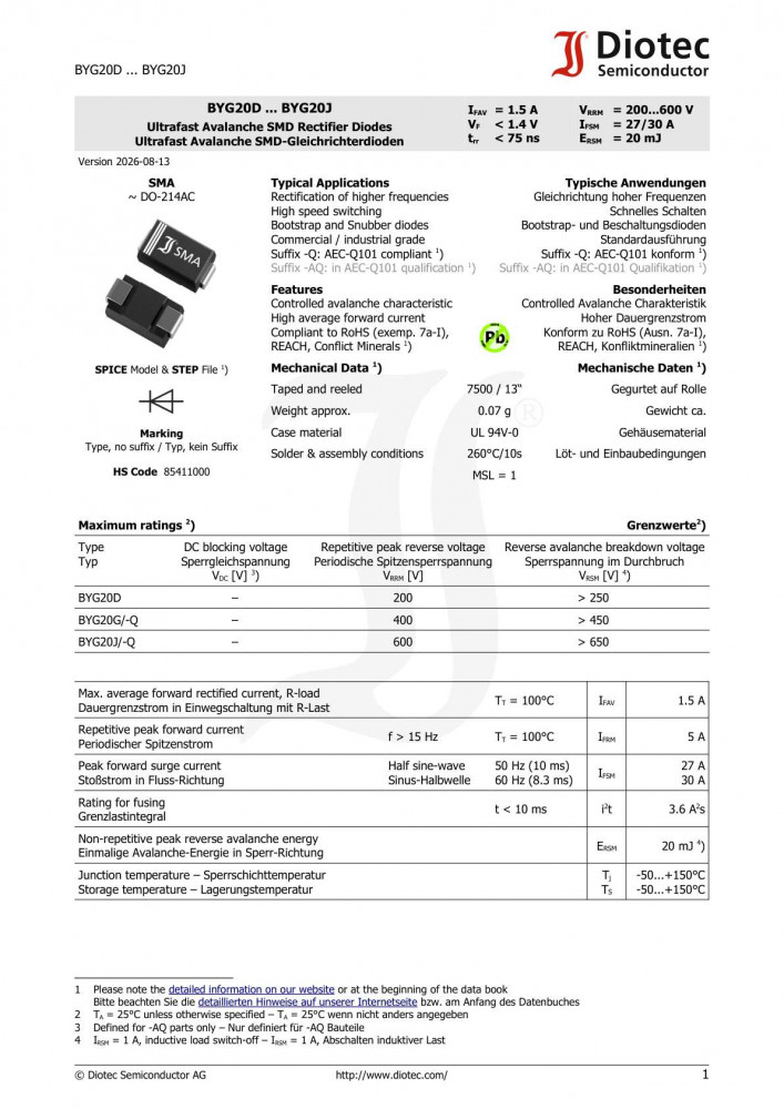 BYG20G datasheet page 1