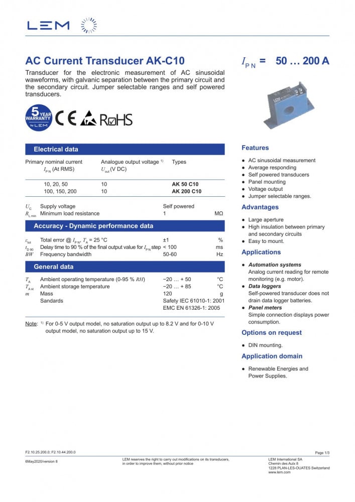 LEM AK 50 C10 datasheet page 1