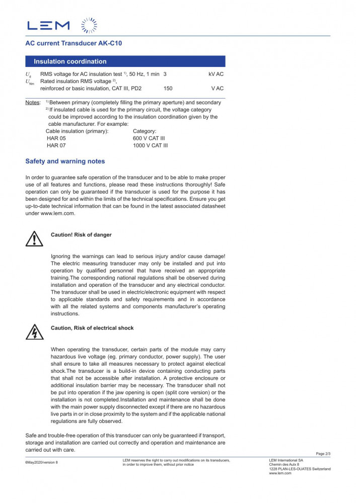 LEM AK 50 C10 datasheet page 2