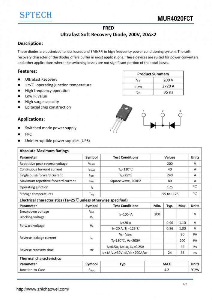 MUR4020FCT datasheet page 1