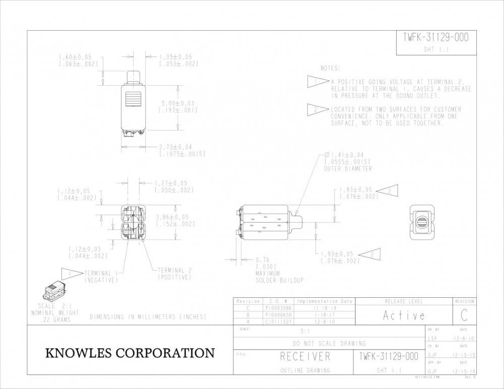 Knowles TWFK-31129-000 receiver specification page 1