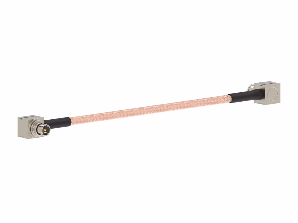 FAKRA SMB Straight Jack IP67 Keying Code D Bordeaux Violet to MCRF Right-Angle Plug pn 1.32mm Cable, 95.00mm Length, 50 Ohms