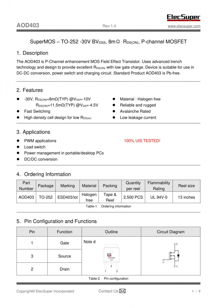 AOD403 datasheet page 1