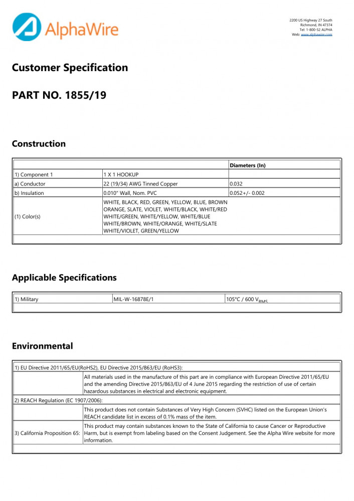 Alpha Wire 1855/19 technical document page 1