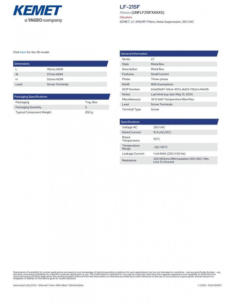 KEMET LF-215F technical document preview