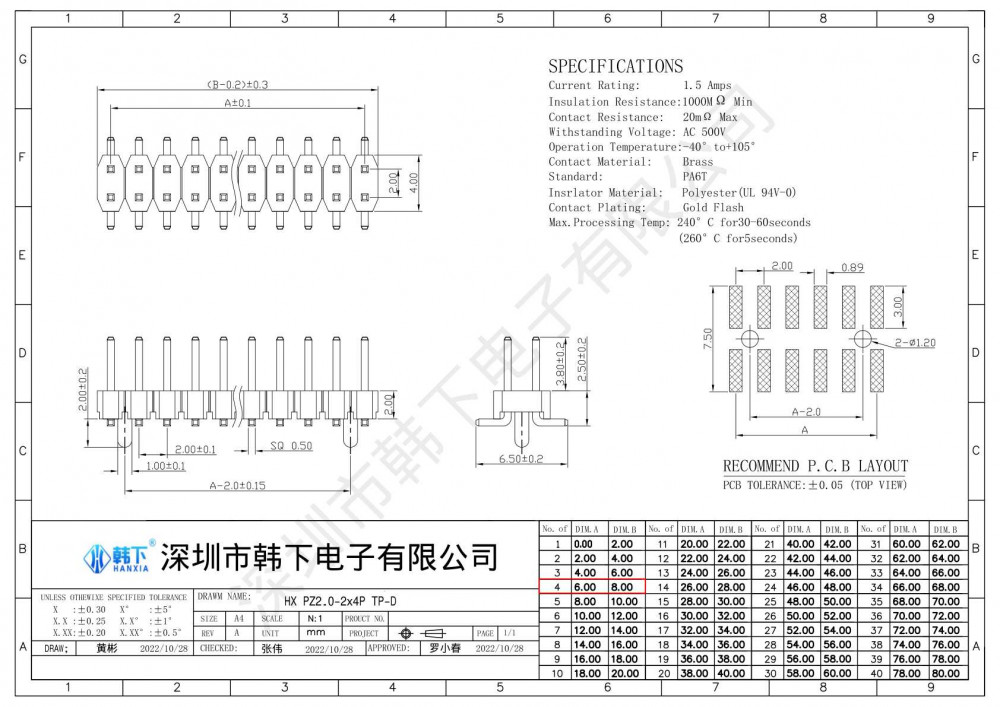 HANXIA HX PZ2.0-2x4P TP-D technical drawing
