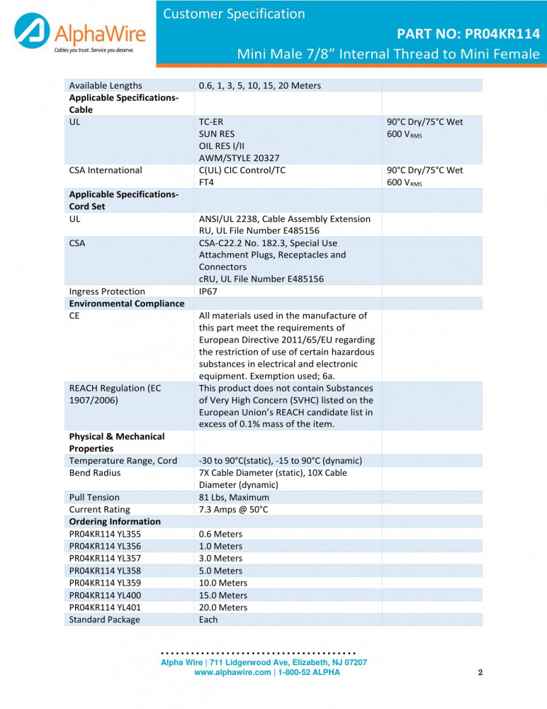 Alpha Wire PR04KR114 YL357 technical drawing page 2