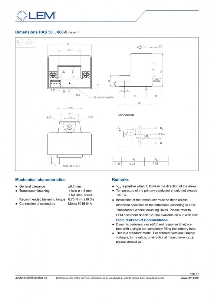 LEM HAS600-S technical document page 3