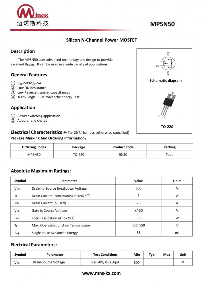 MP5N50 datasheet page 1