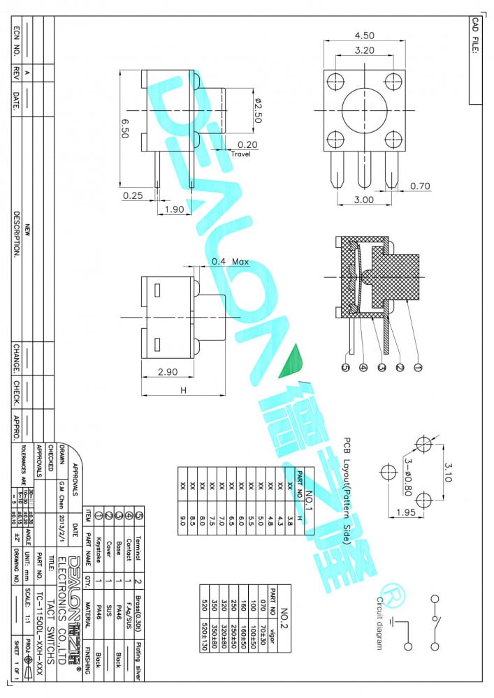 DEALON TC-1150DL tact switch drawing