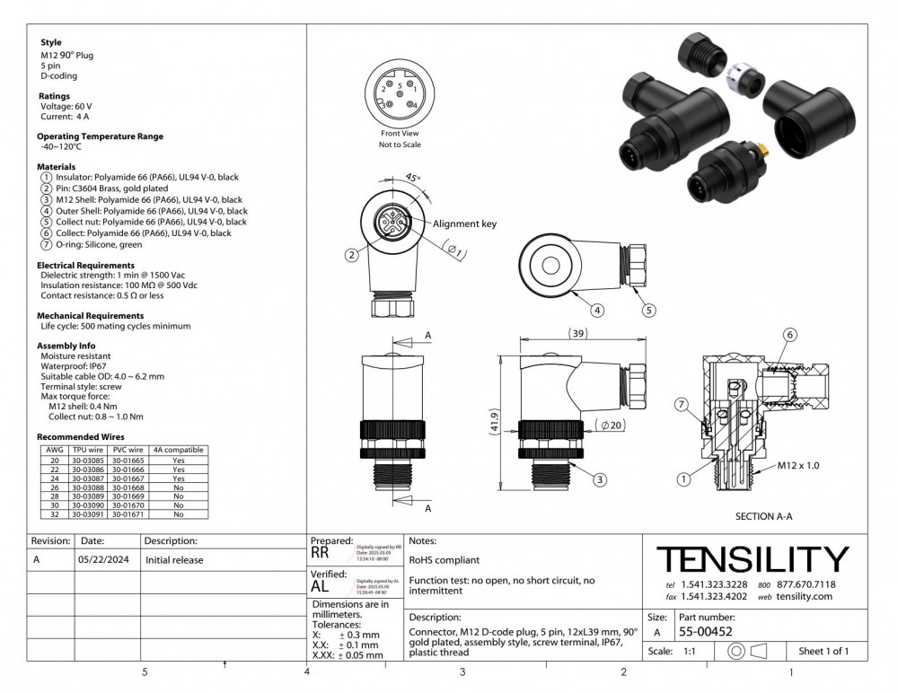 Technical drawing for Tensility International 55-00452 M12 D-coded 5-pin right-angle plug