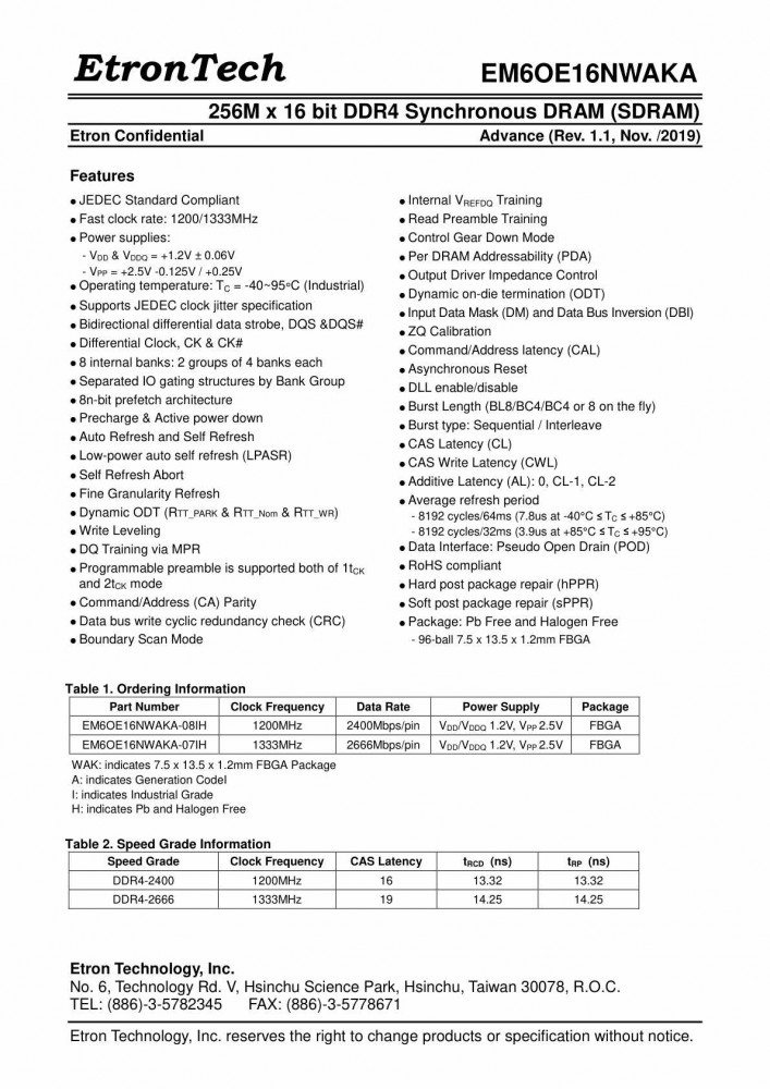 Etron DDR4 datasheet page 1