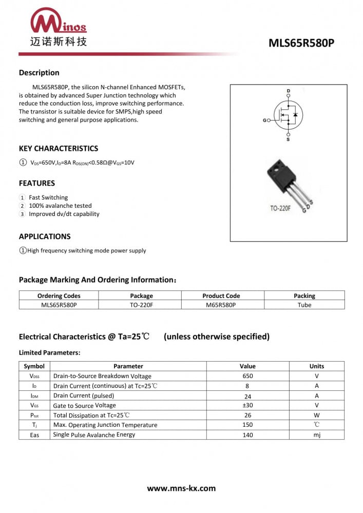 MLS65R580P datasheet page 1