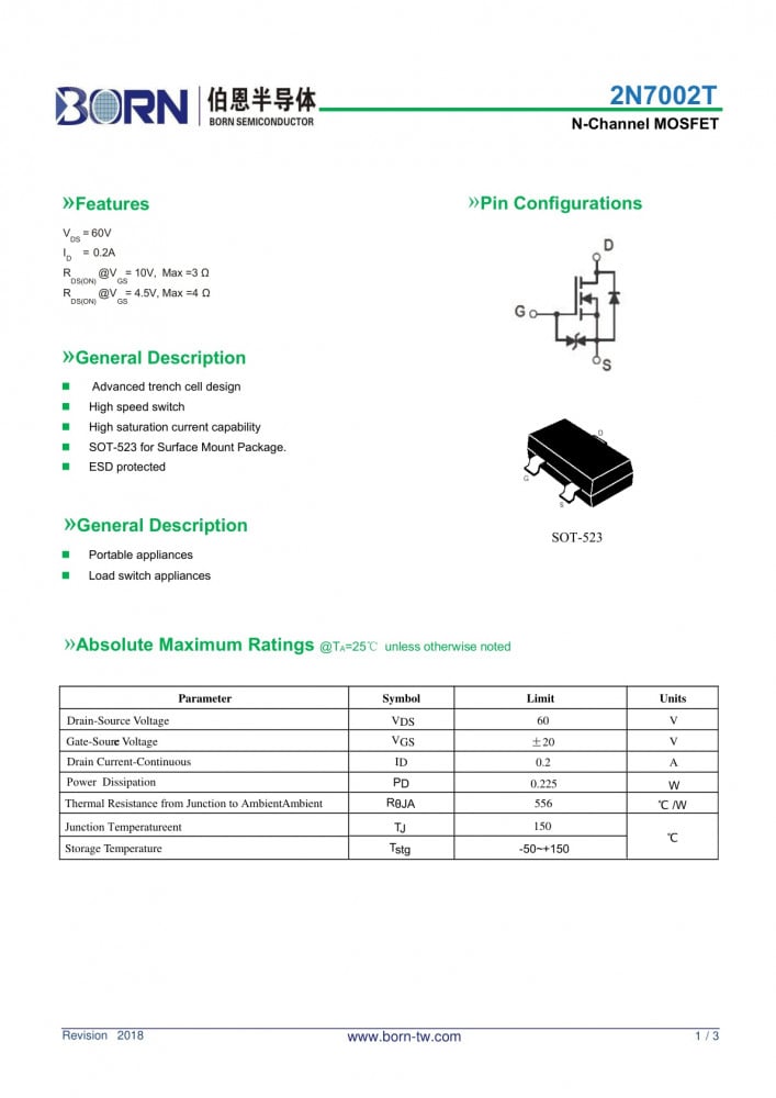 2N7002T datasheet page 1