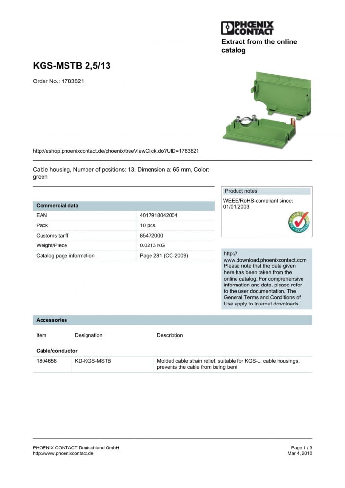 Phoenix Contact 1783821 catalog page