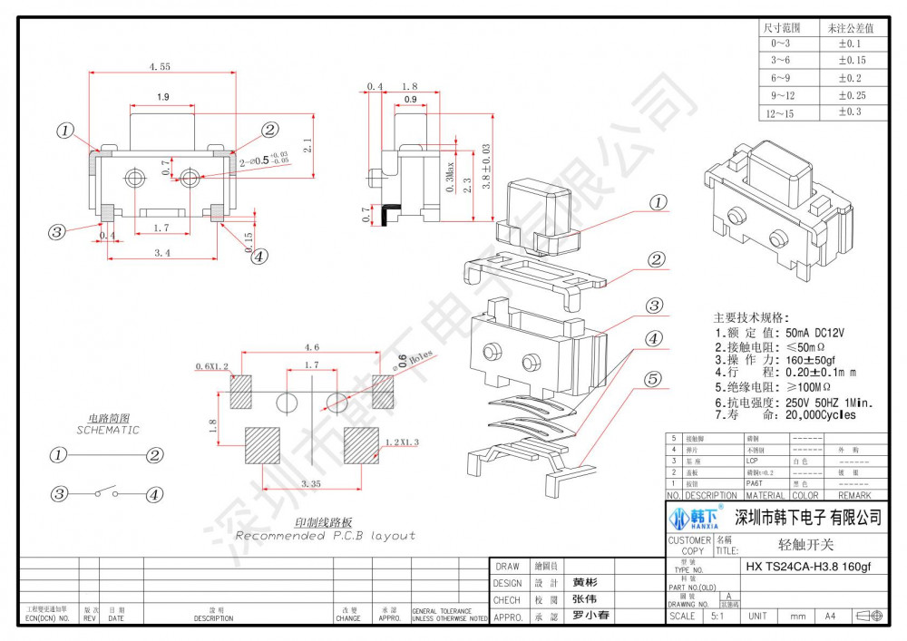 HX TS24CA-H3.8 160gf specification drawing page 1