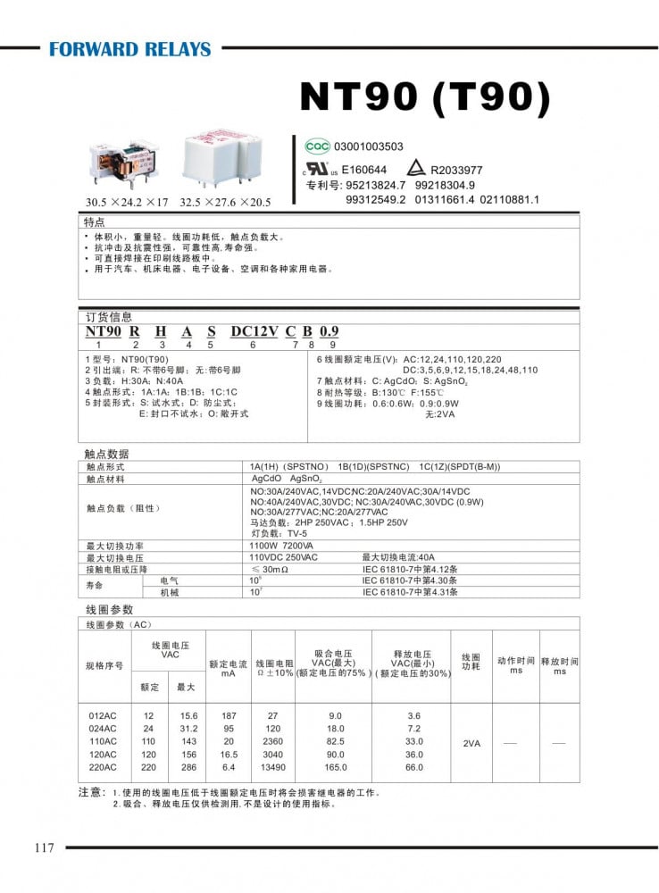 NF NT90 relay datasheet page 1