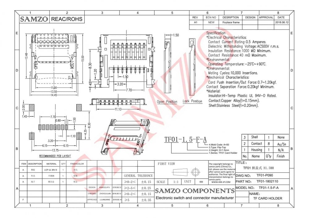 SAMZO TF01-1.5-F-A technical drawing and specification sheet