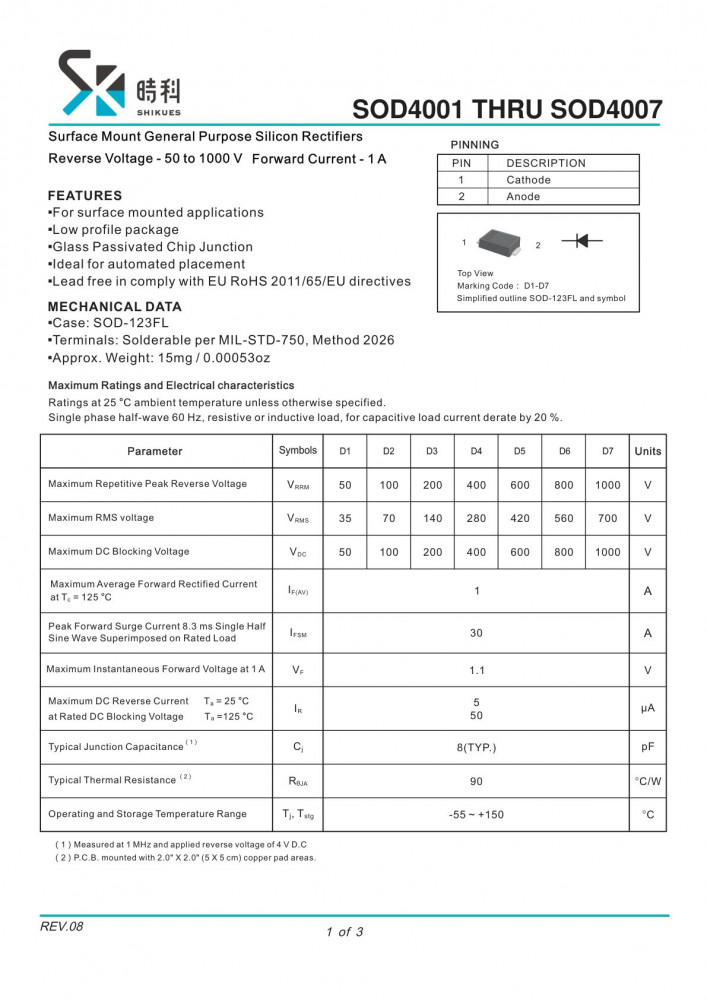 SOD4001 through SOD4007 datasheet page 1