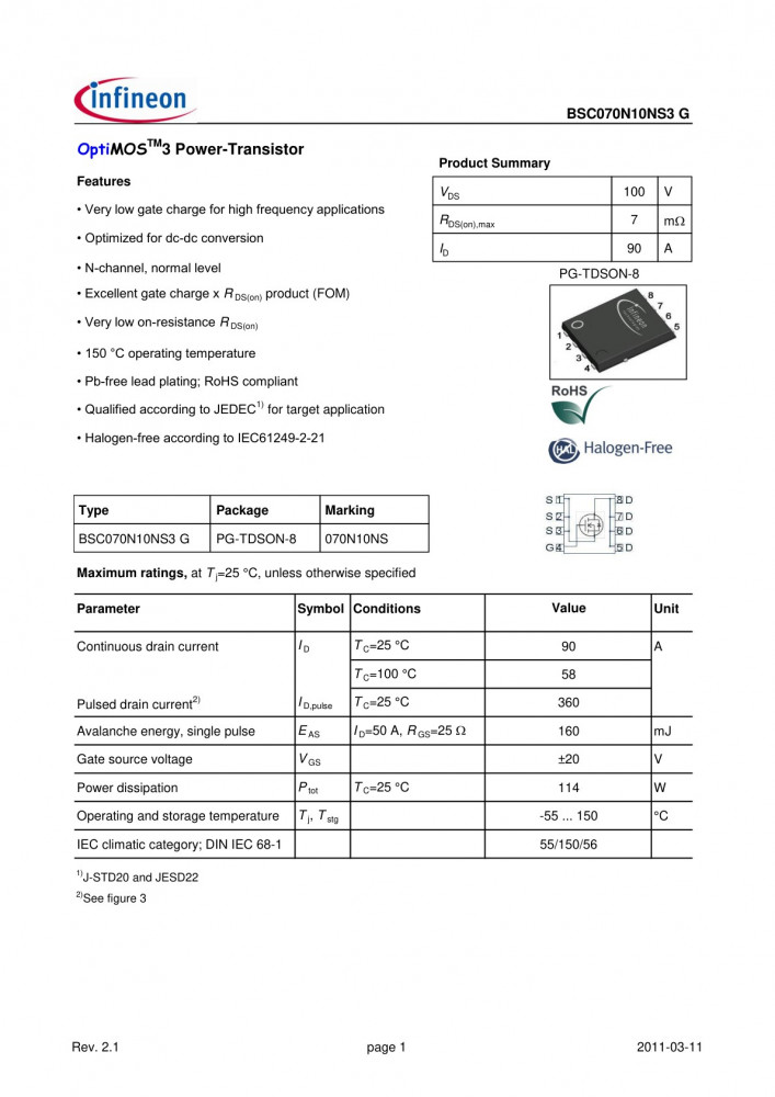 BSC070N10NS3G datasheet page 1