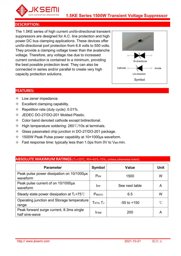 JKSEMI 1.5KE series datasheet page 1