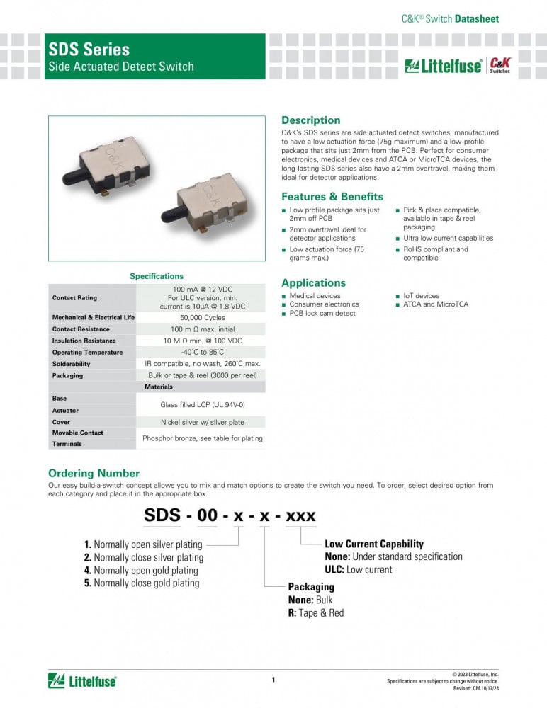 C&K SDS005R datasheet page 1